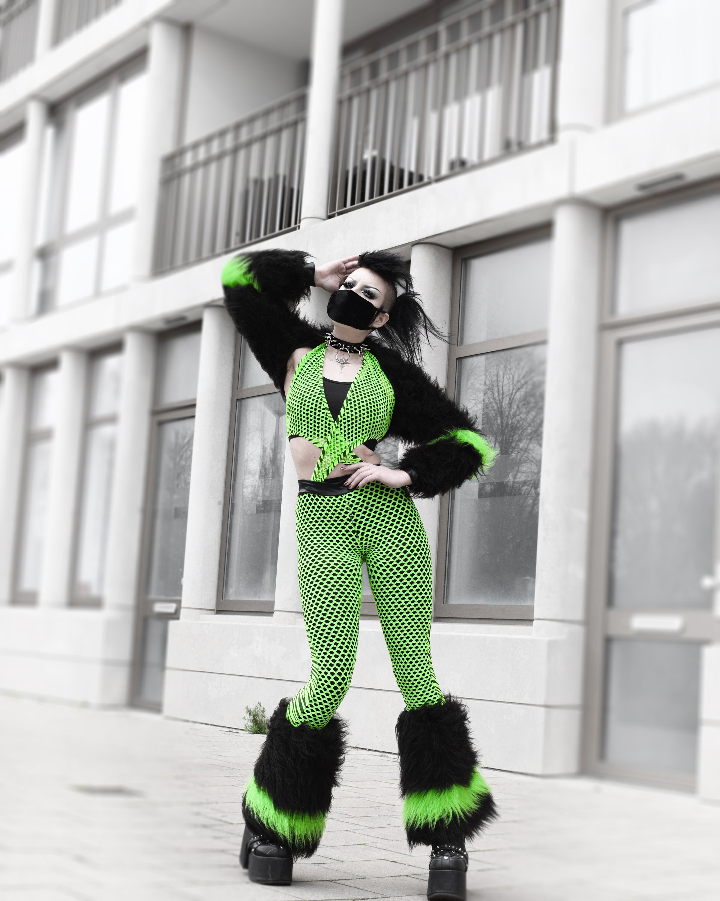 Funki-b Cyber Goth Lime Fishnet Faux Fur Fluffy Rave Clubwear - Etsy