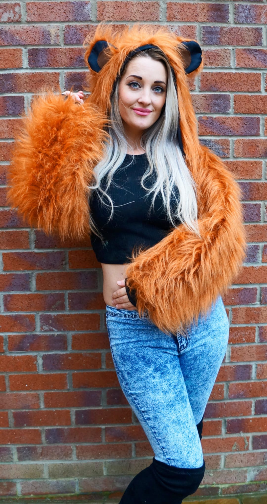 Funki-b Teddy Bear Faux Fluffy Fur Hoody Shrug Cute Fancy Dress up Neon ...