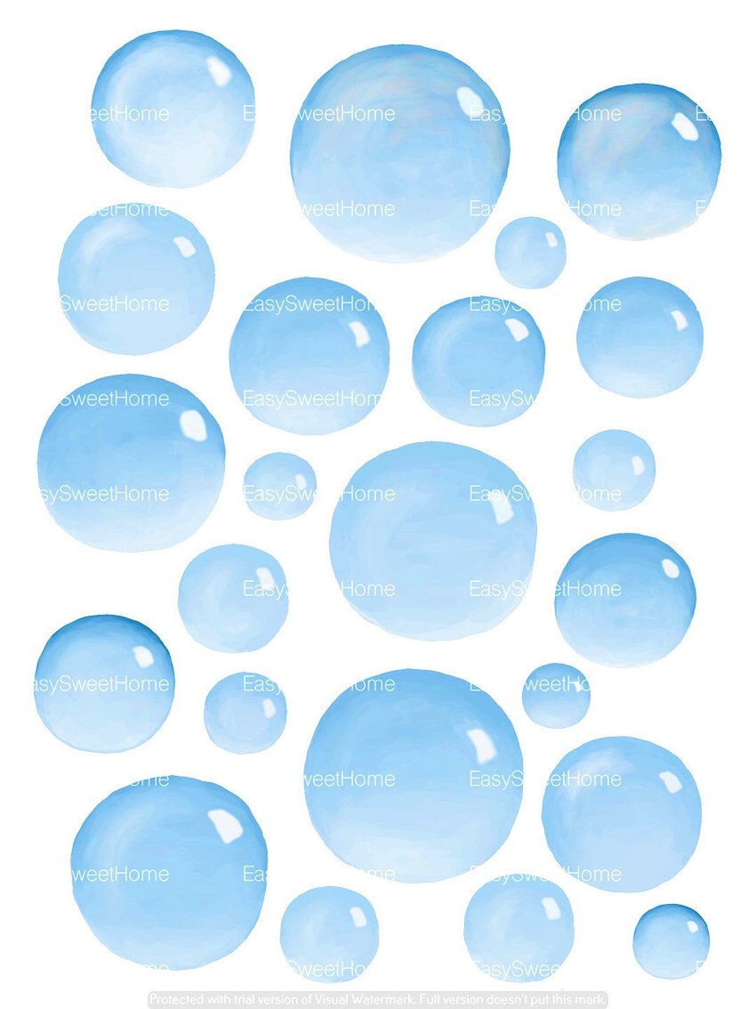 Wall Decals Bubbles 23-set Blue, Watercolor Bubble Decals for Bathroom ...