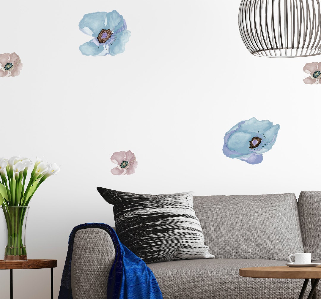 Poppy Wall Decals, Dark Sky Blue, 2-set, Home Décor, Watercolor Poppy ...