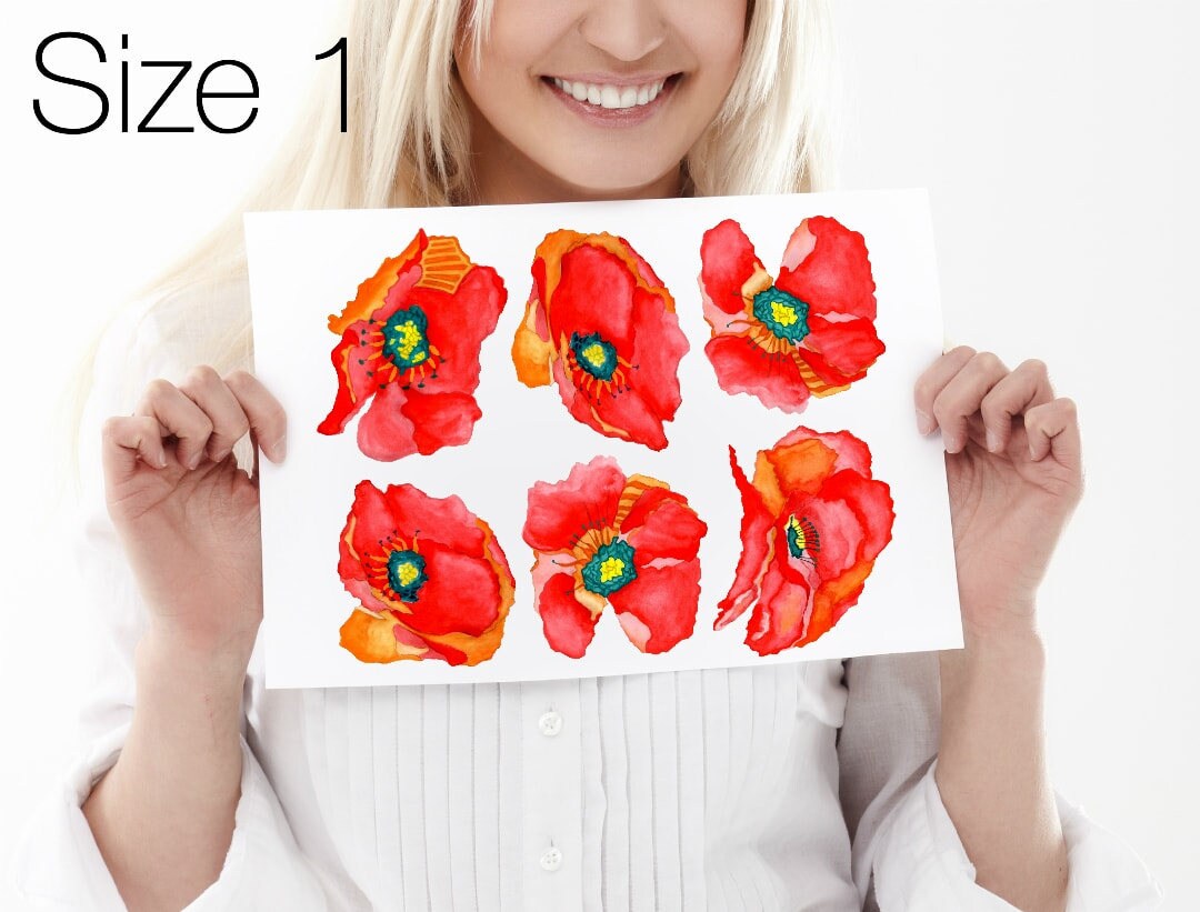 Red Poppy Decals, Set of 6 Hand-painted Decals for Walls, Tiles and ...