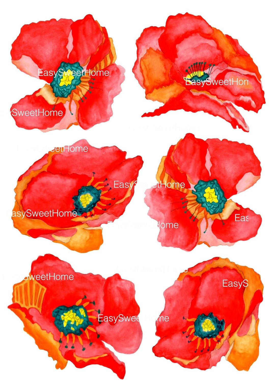 Red Poppy Decals, Set of 6 Hand-painted Decals for Walls, Tiles and ...