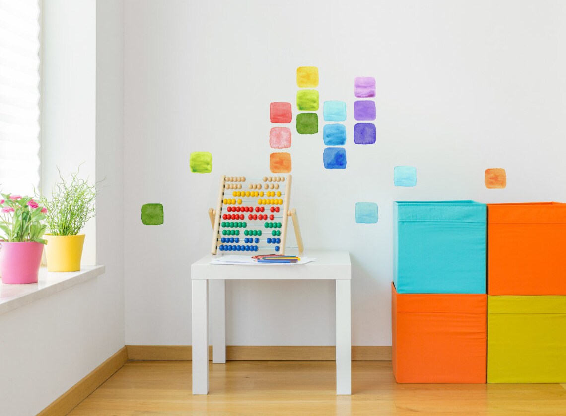 Wall Decals Watercolor Squares, Rainbow Colors, Tile Decals, Furniture ...