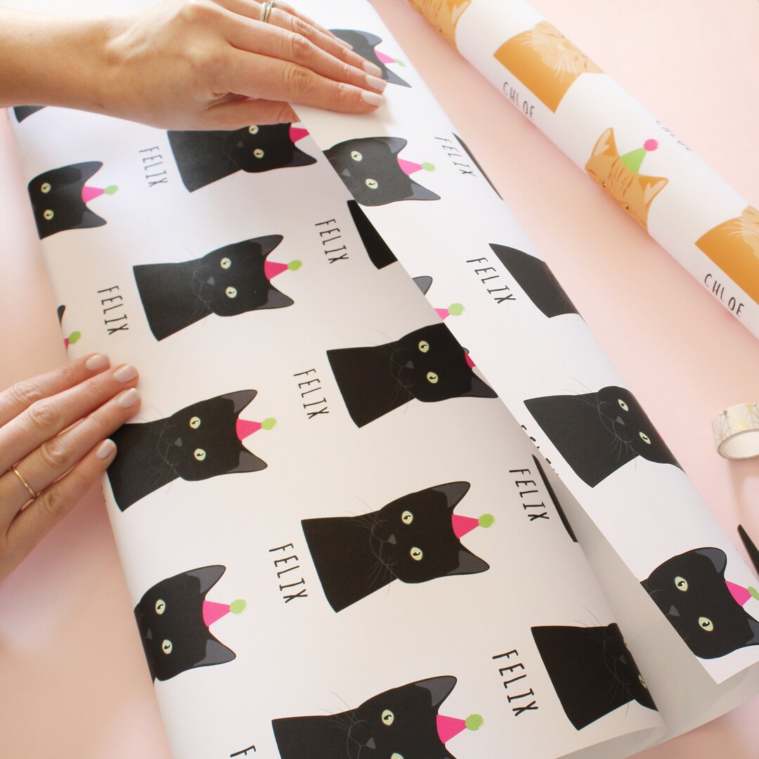 Personalised Cat Birthday Party Hat Wrapping Paper - Etsy