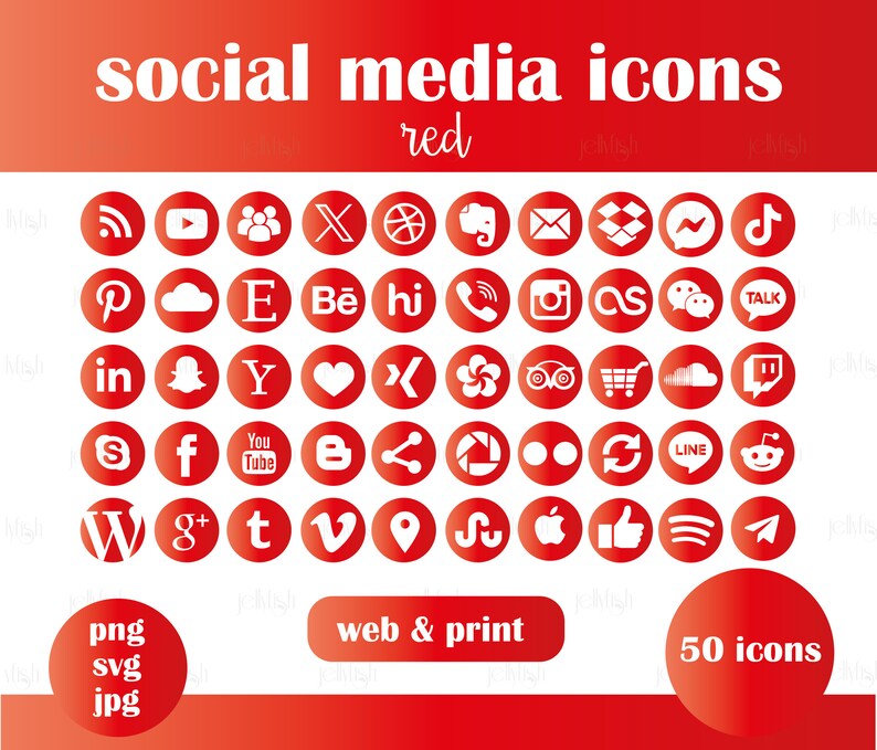 Red Social Media Icons - Web and Print Ready - JPG, PNG, SVG - Etsy