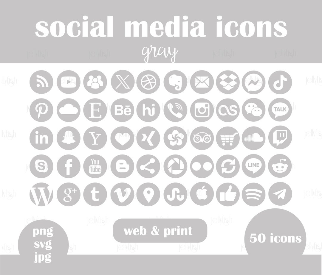 Gray Social Media Icons - Web and Print Ready - JPG, PNG, SVG - Etsy