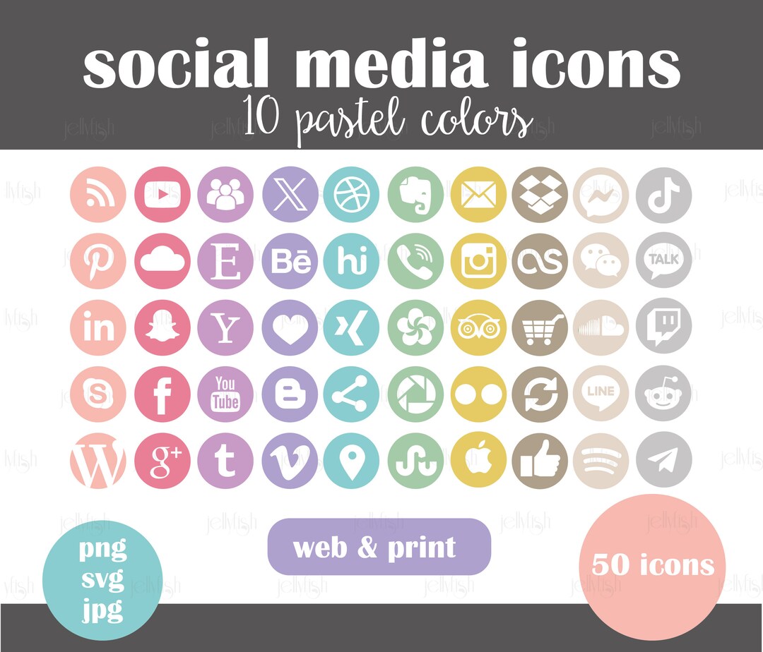 Pastel Set Social Media Icons Web and Print Ready Bundle 2500 Icons JPG ...
