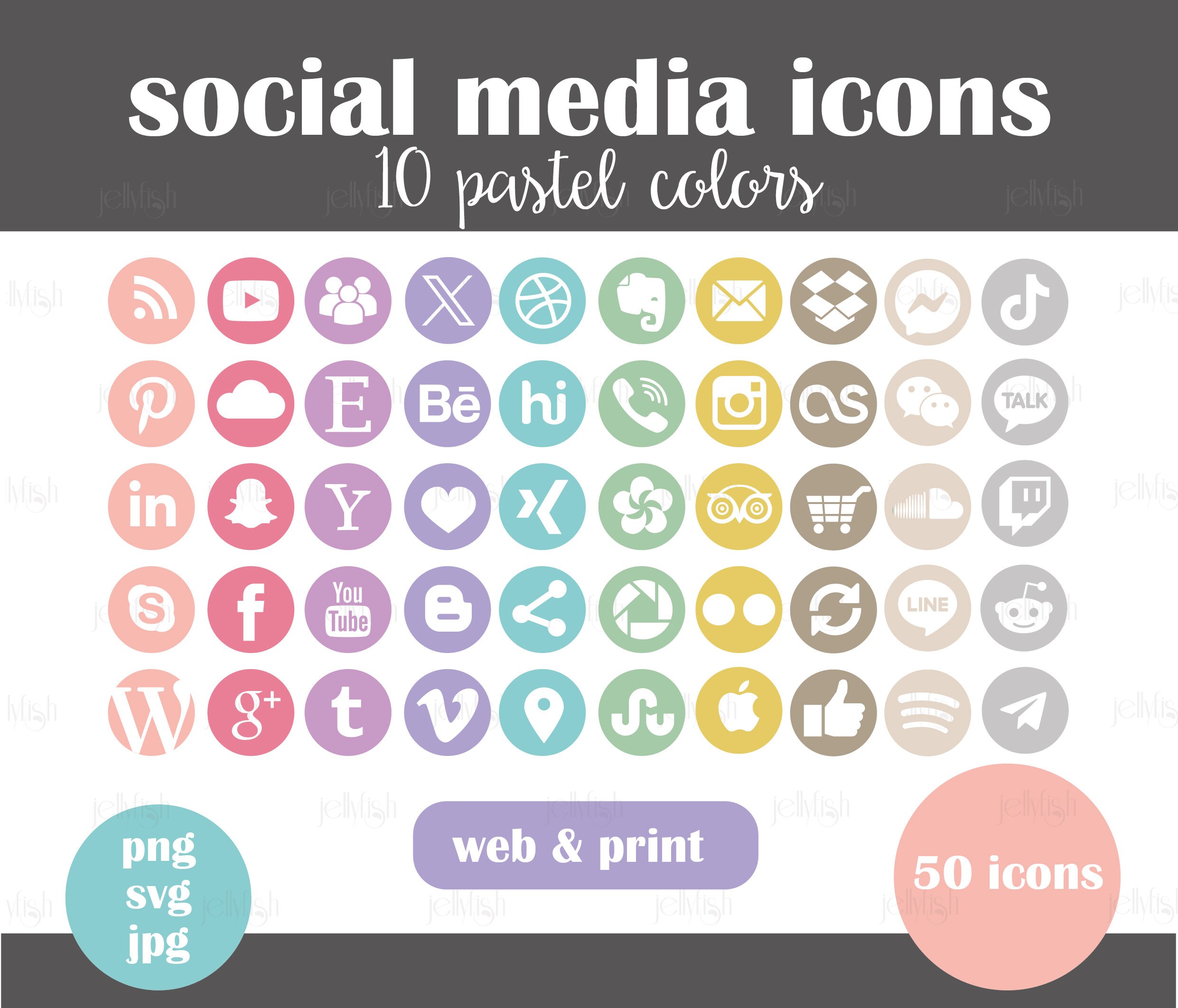 Pastel Set Social Media Icons Web and Print Ready Bundle 2500 Icons JPG ...