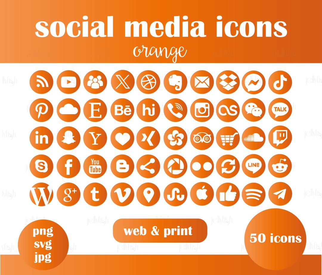 Orange Social Media Icons - Web and Print Ready - JPG, PNG, SVG - Etsy