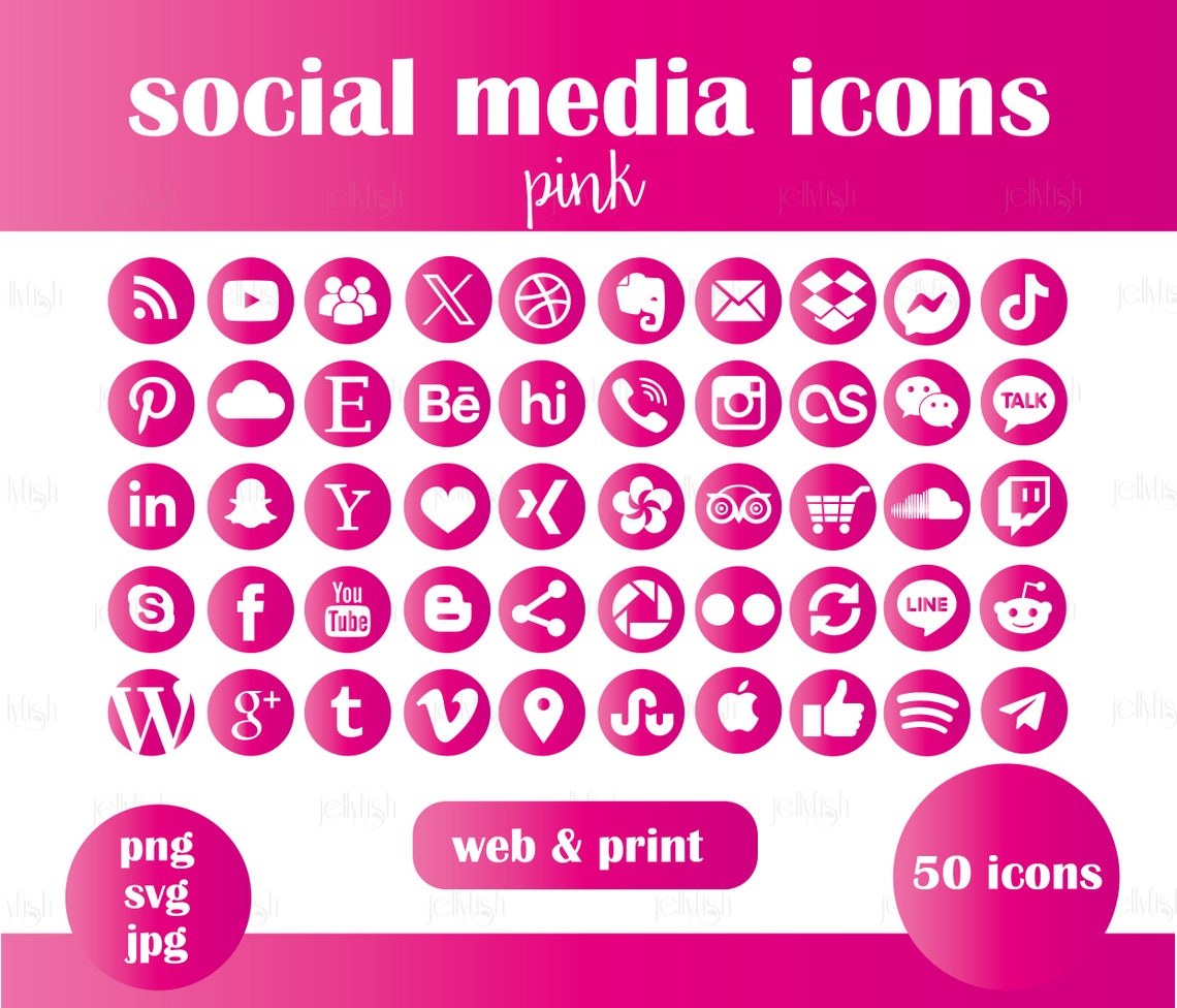 Pink Social Media Icons - Web and Print Ready - JPG, PNG, SVG - Etsy