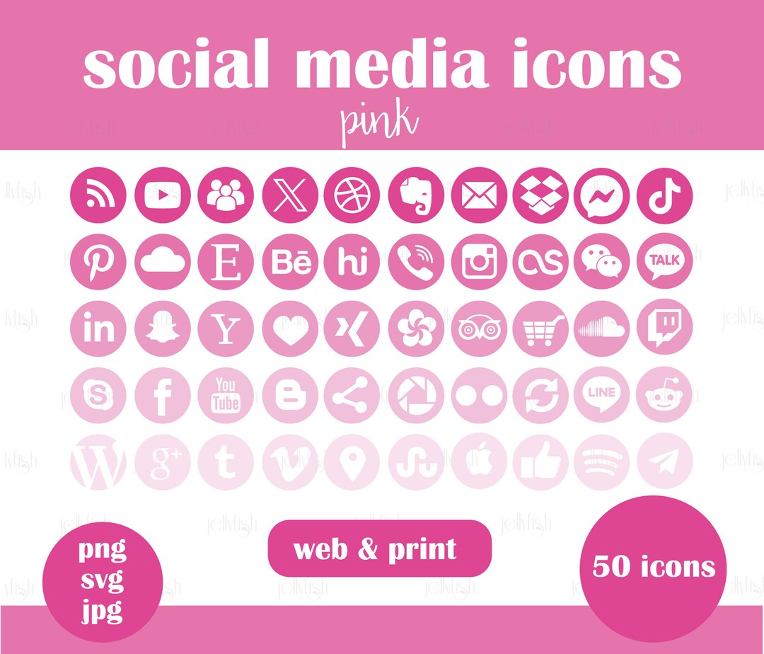 Pink Monochromatic Social Media Icons - Web and Print Ready - Bundle ...