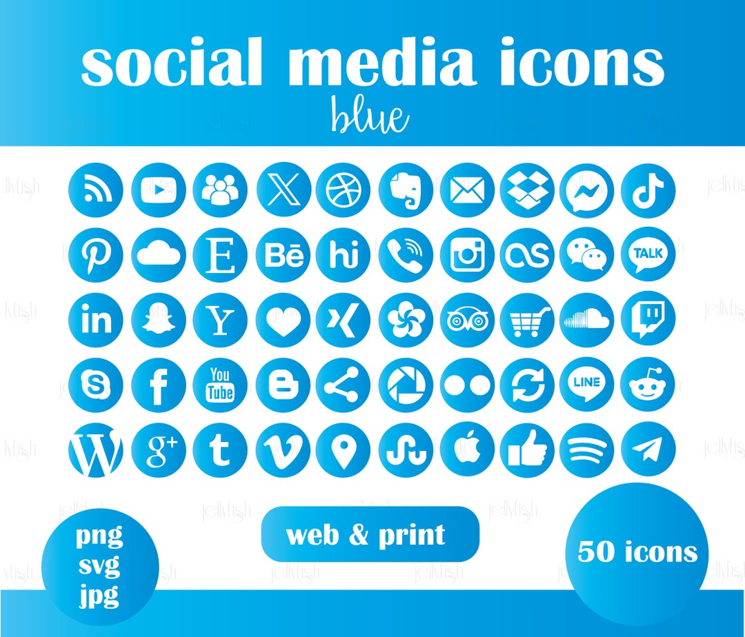 Blue Social Media Icons - Web and Print Ready - JPG, PNG, SVG - Etsy