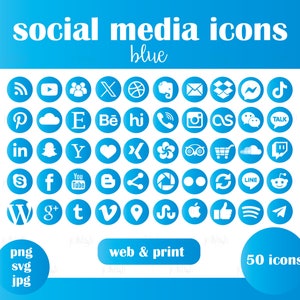 Blue Social Media Icons - Web and Print Ready - JPG, PNG, SVG - Etsy