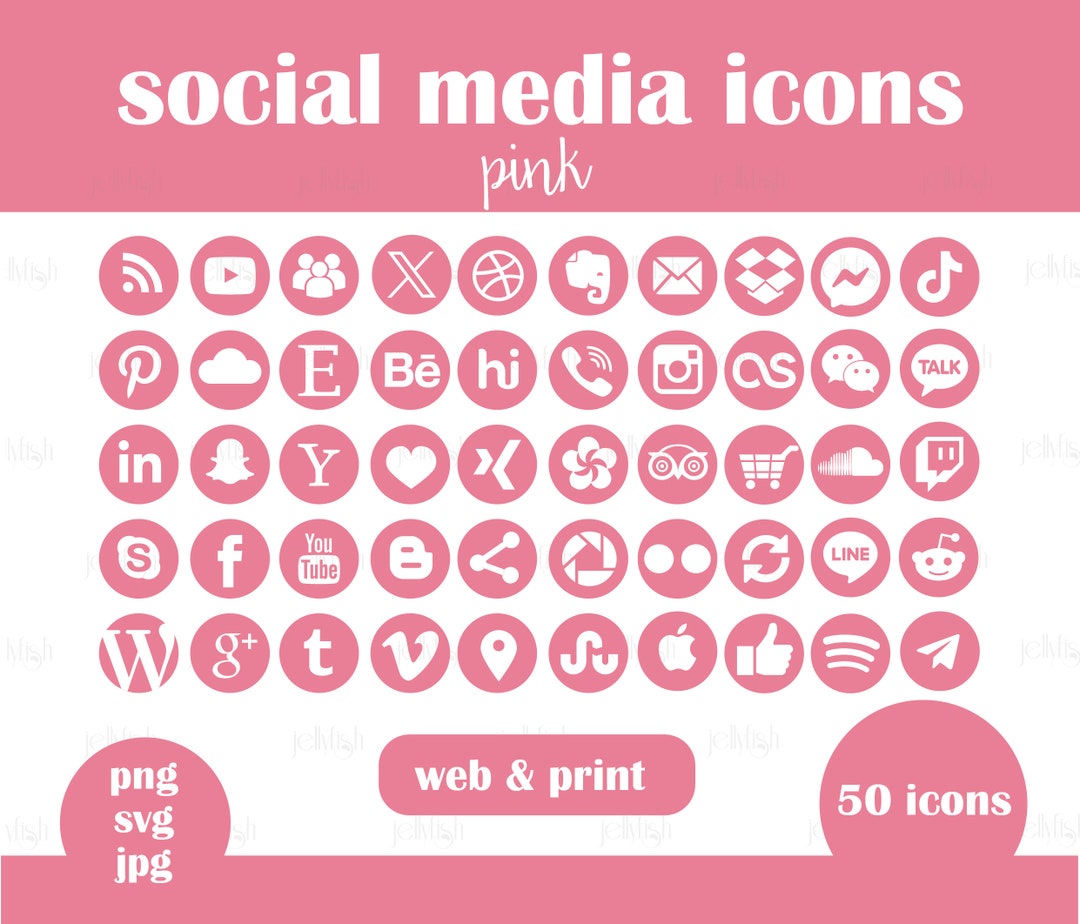 Pink Social Media Icons - Web and Print Ready - JPG, PNG, SVG - Etsy
