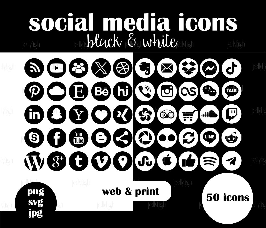 Black and White Set Social Media Icons - Web and Print Ready - JPG, PNG ...
