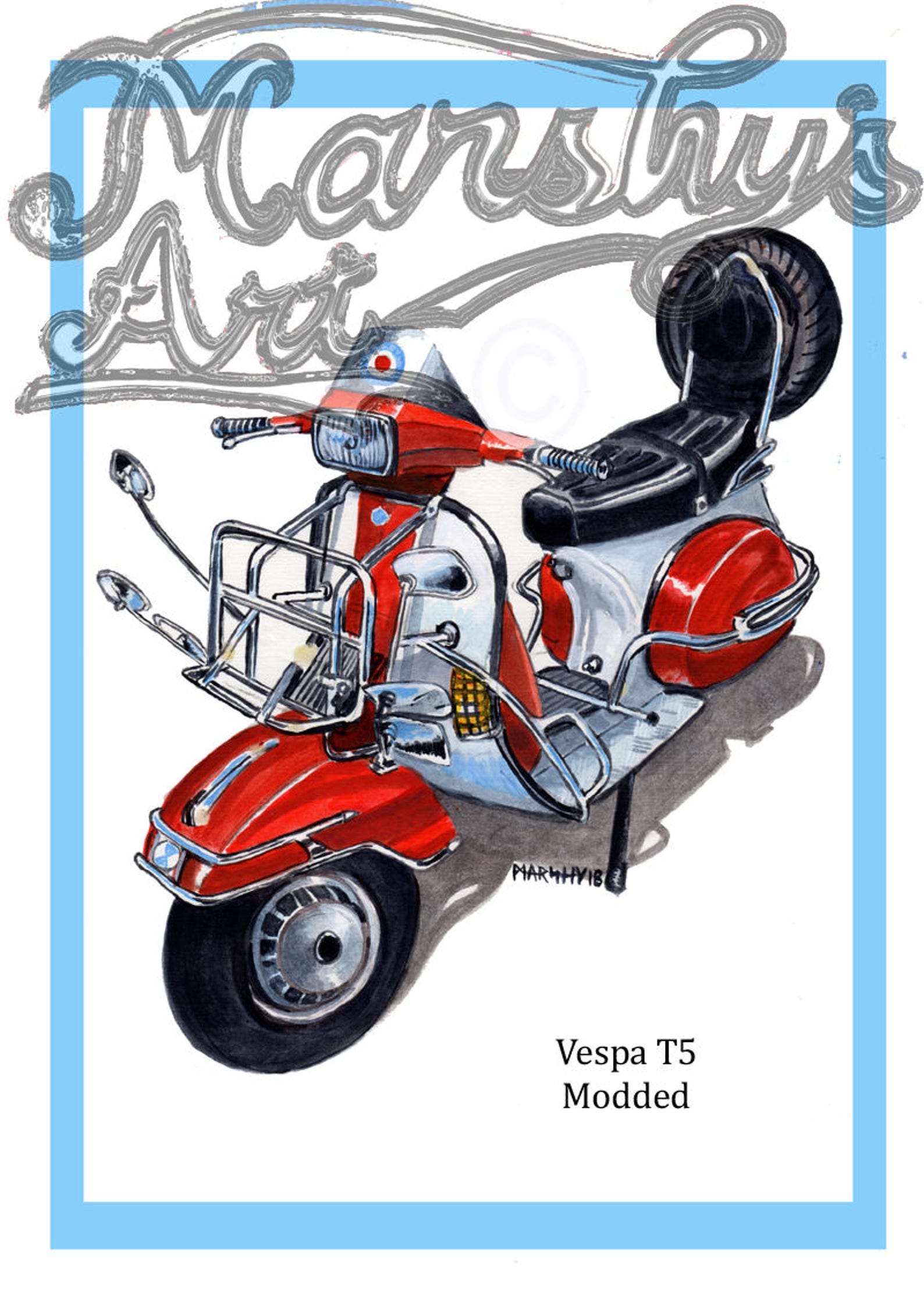 Vespa T5 Mod Scooter Art Print by Marshys Art Scooter Art | Etsy