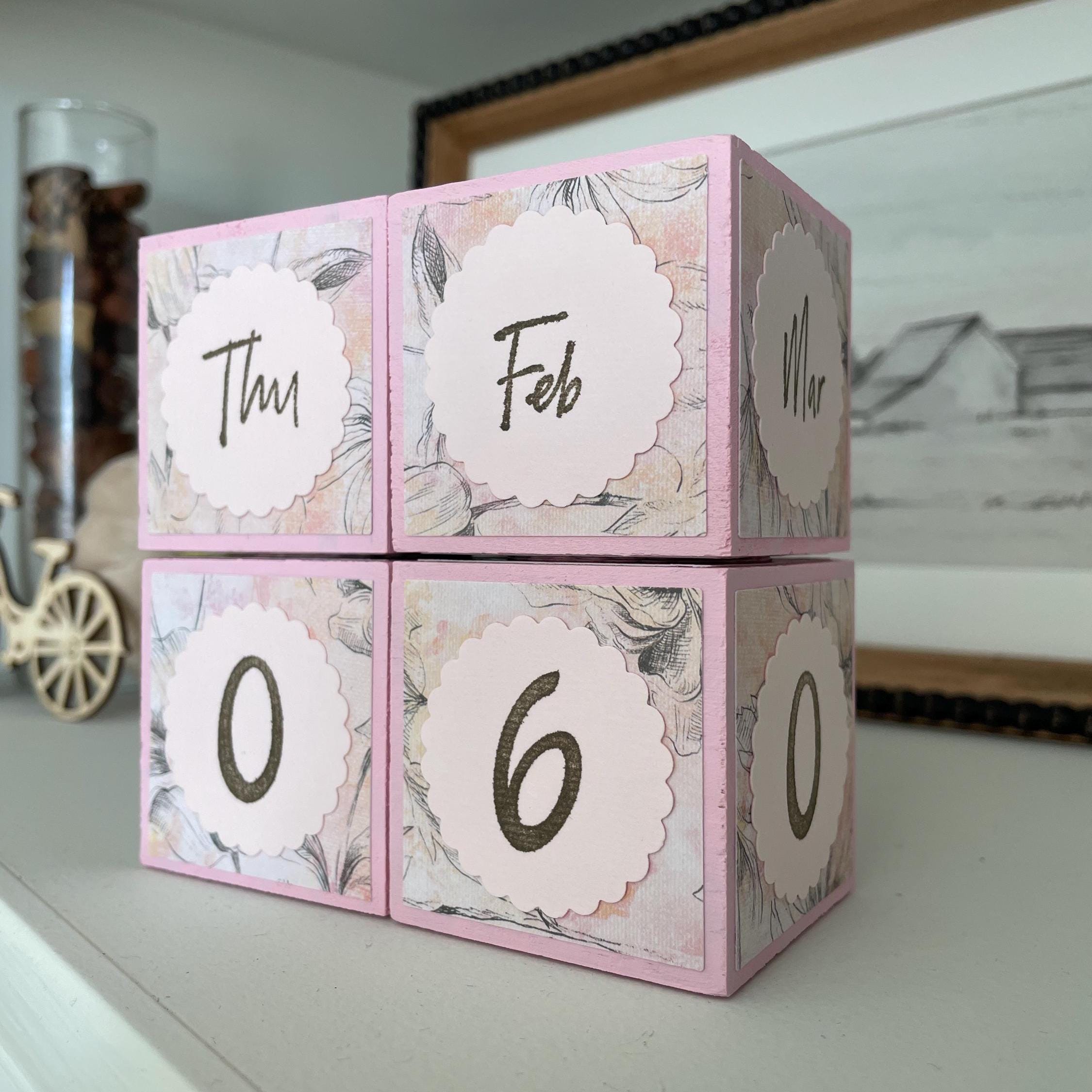 Desk Calendar | Pink Handmade Floral Calendar | Wooden Block Perpetual ...