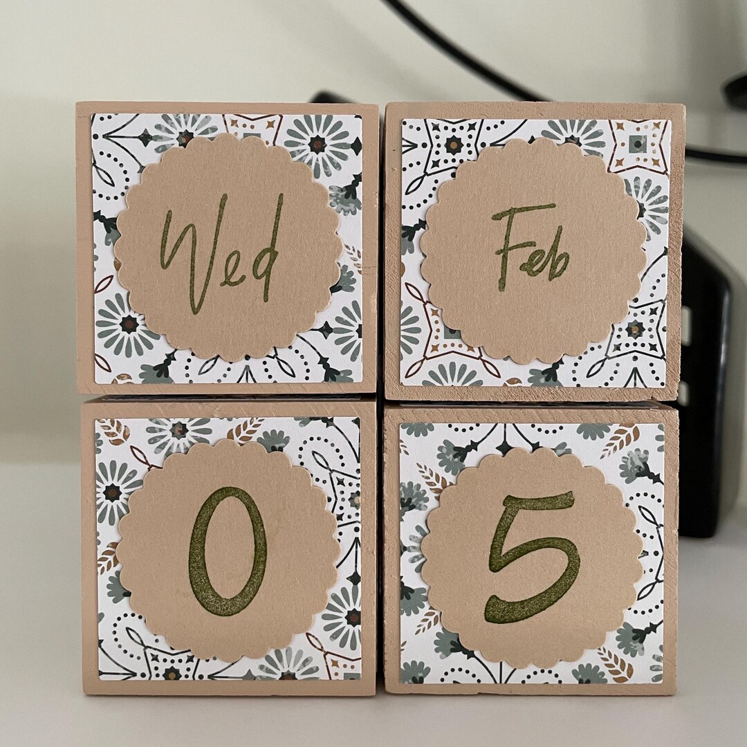 Perpetual Calendar | Handmade Green and Beige Floral Wooden Block ...