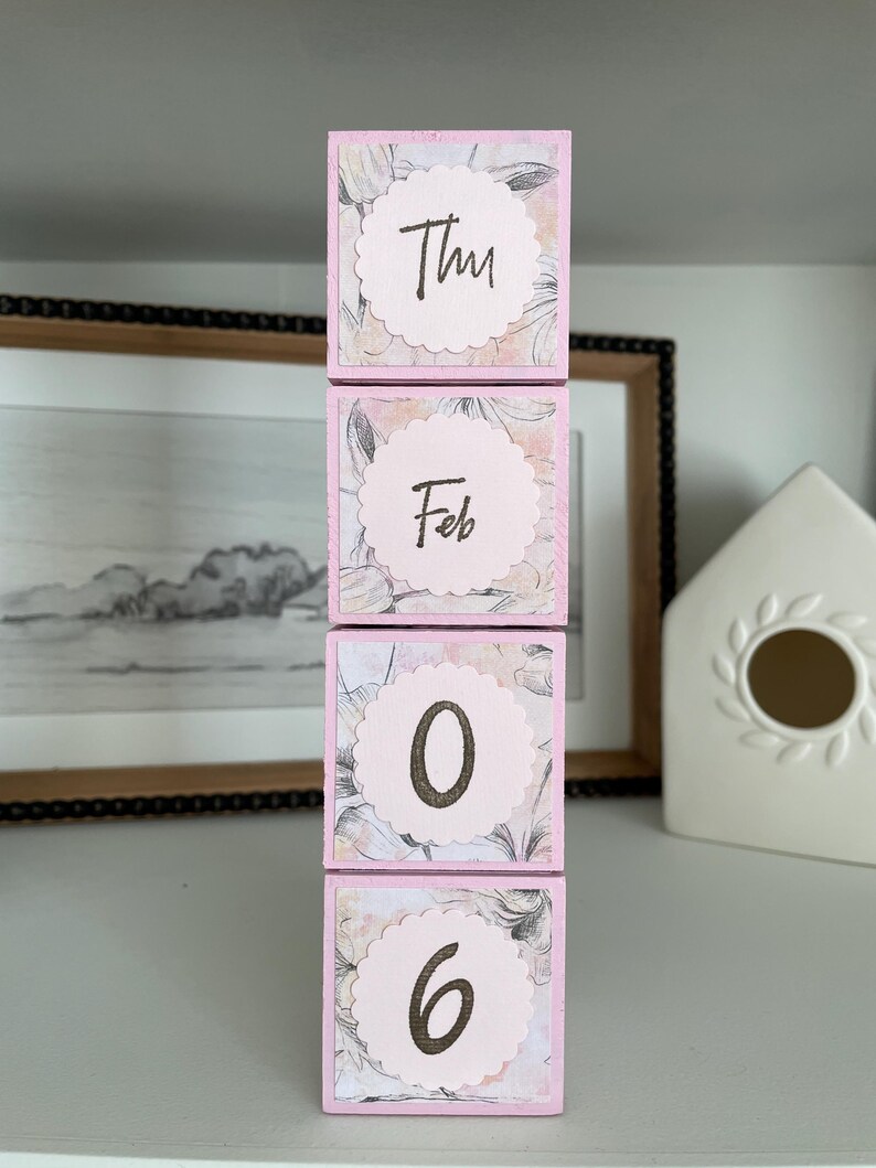 Desk Calendar | Pink Handmade Floral Calendar | Wooden Block Perpetual ...