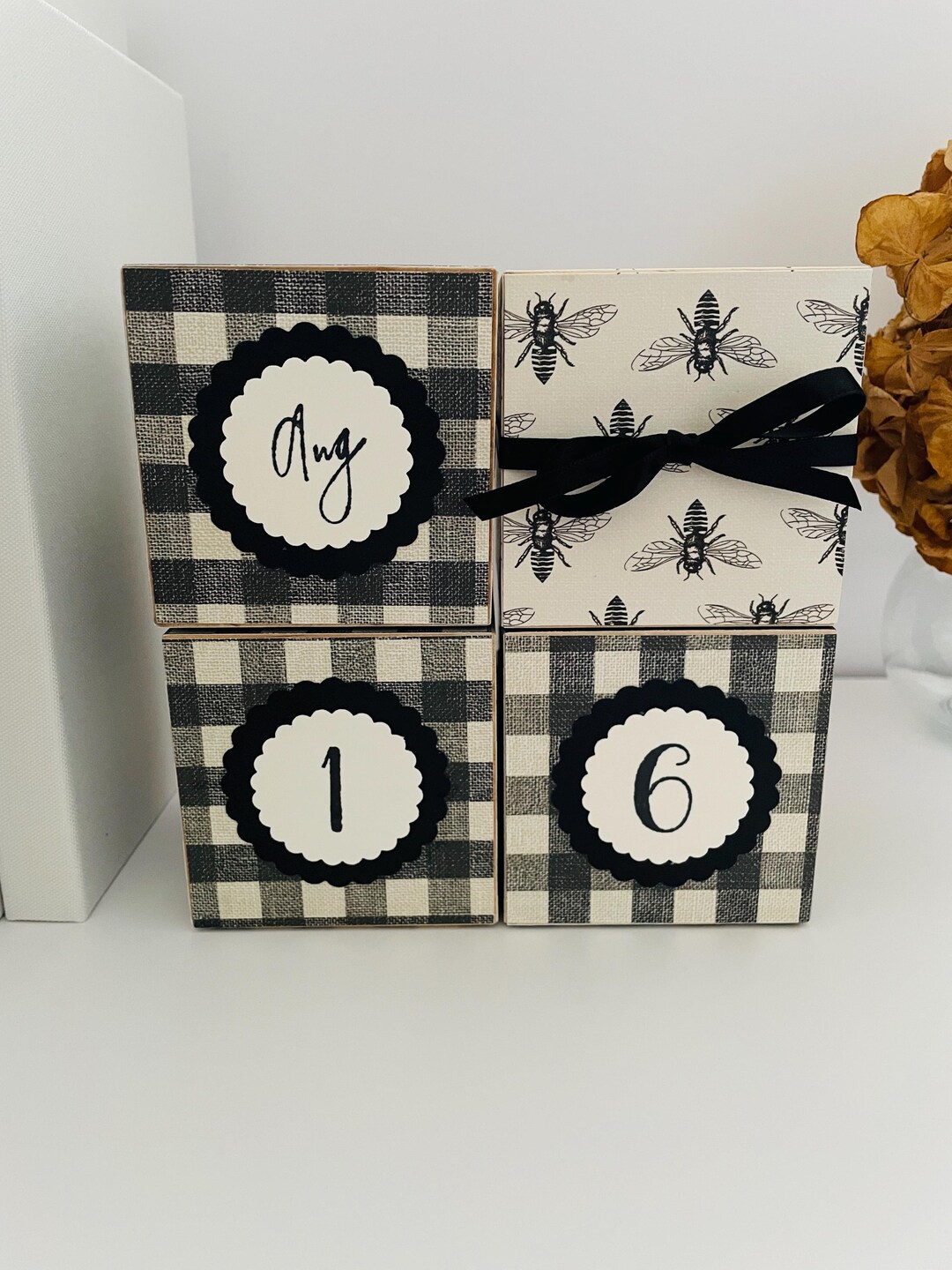 Gingham Calendar | 5.5” Black & White Wooden Block Perpetual Calendar ...