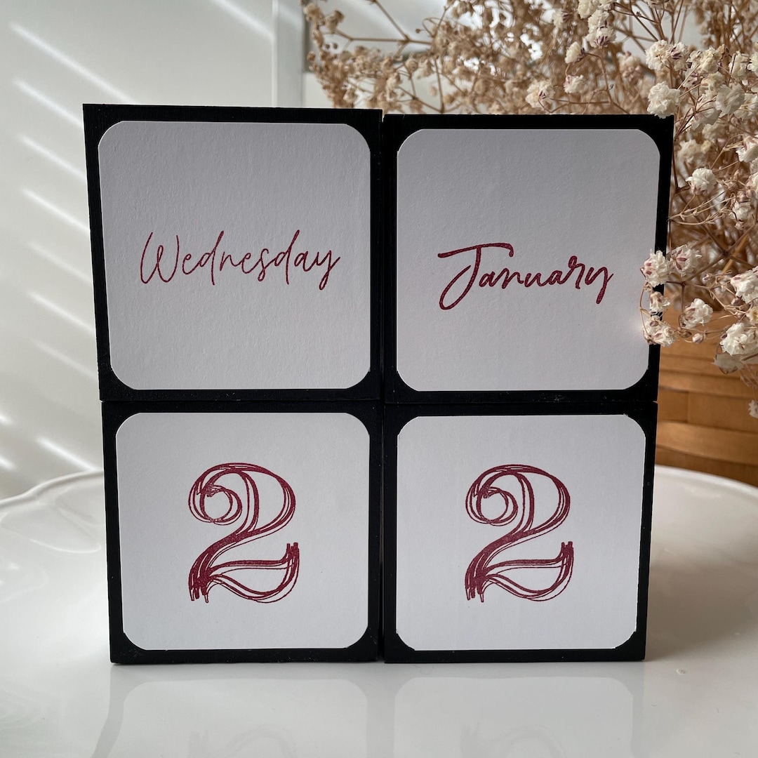 Desk Calendar With Cherry Red Modern Script - Black and White Perpetual ...