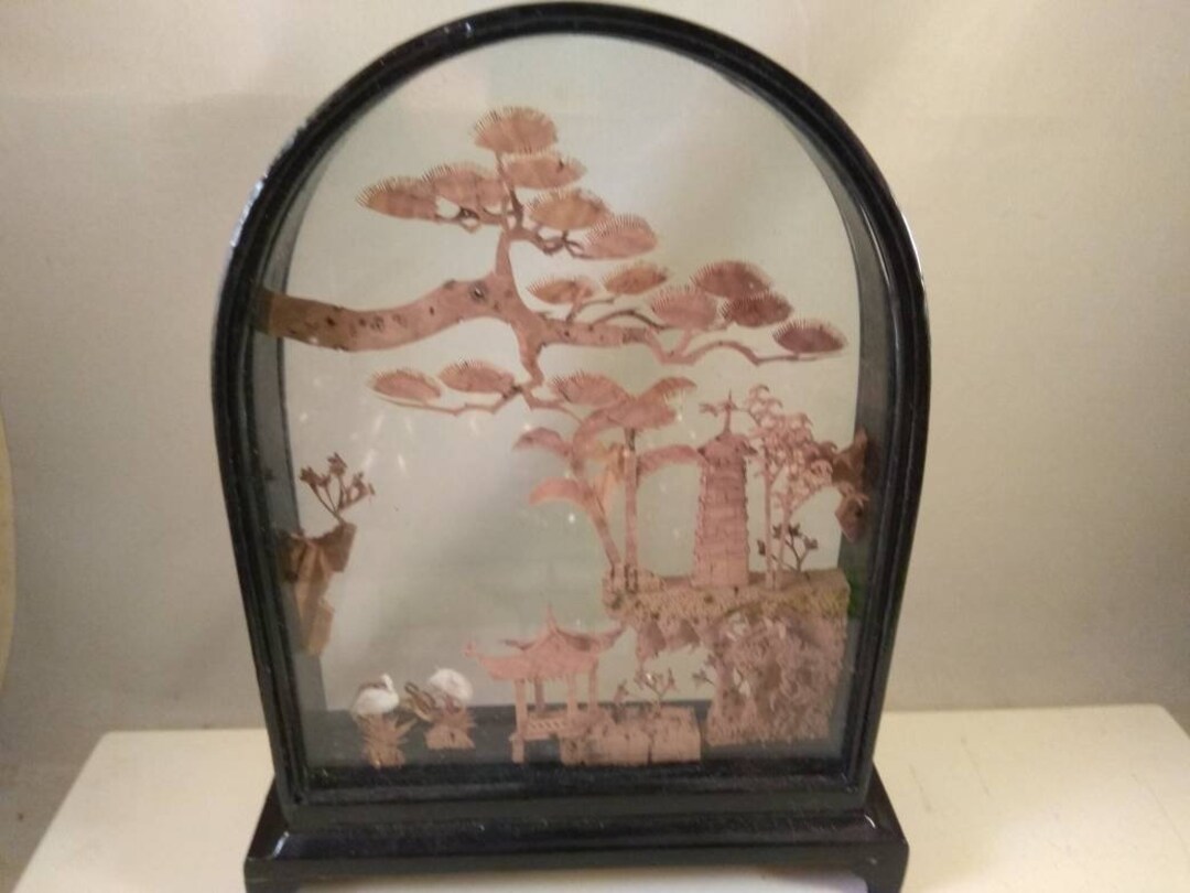 Vintage Chinese Cork Sculpture Picture Garden Black Wood Base Encased ...