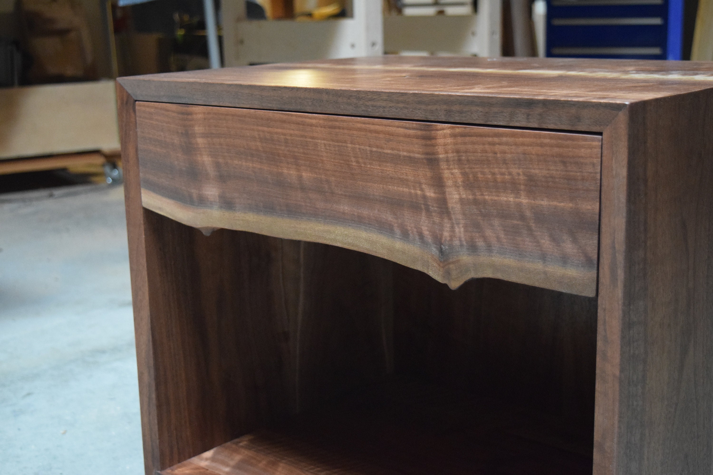 Walnut Nightstand on Base -- Live edge Drawer Front -- Oregon Black ...