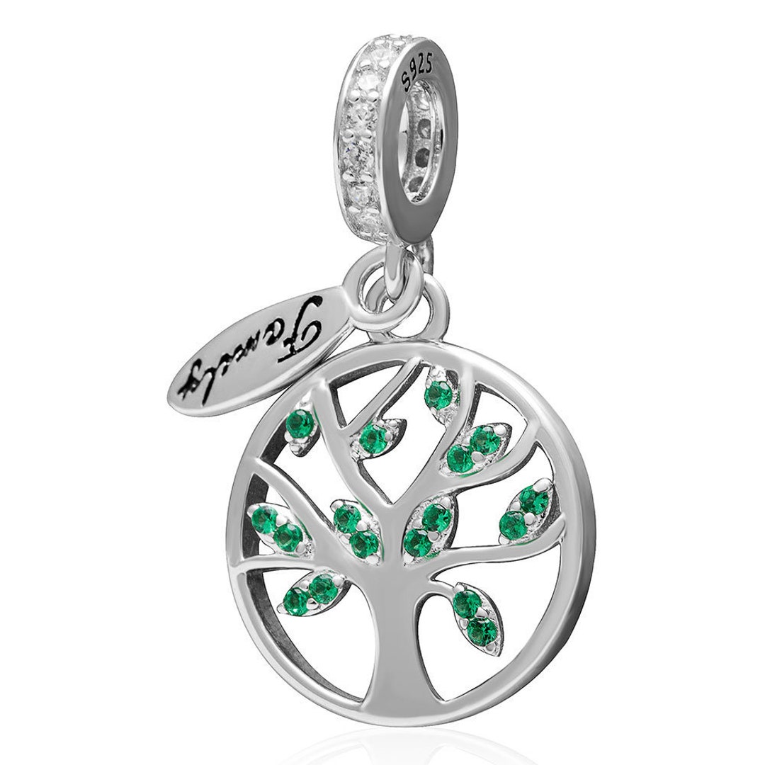 Family Tree Charm in Sterling Silver, With Green Cubic Zirconia Leaves ...