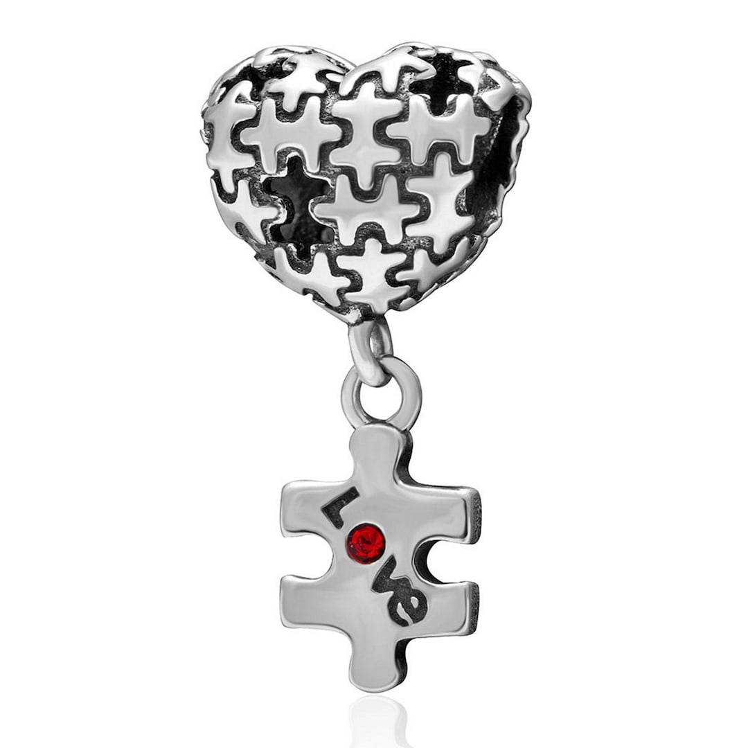 Sterling Silver Autism Puzzle Heart Dangle Bead Charm With Red Crystal ...
