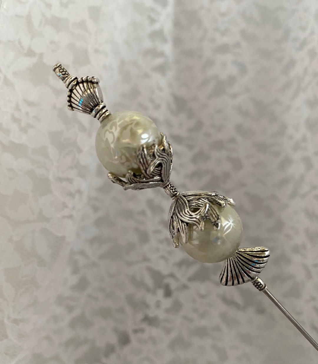 Exquisite Victorian Pearls Hat Pin }{ 8” Sturdy Steel Stick With Cap ...