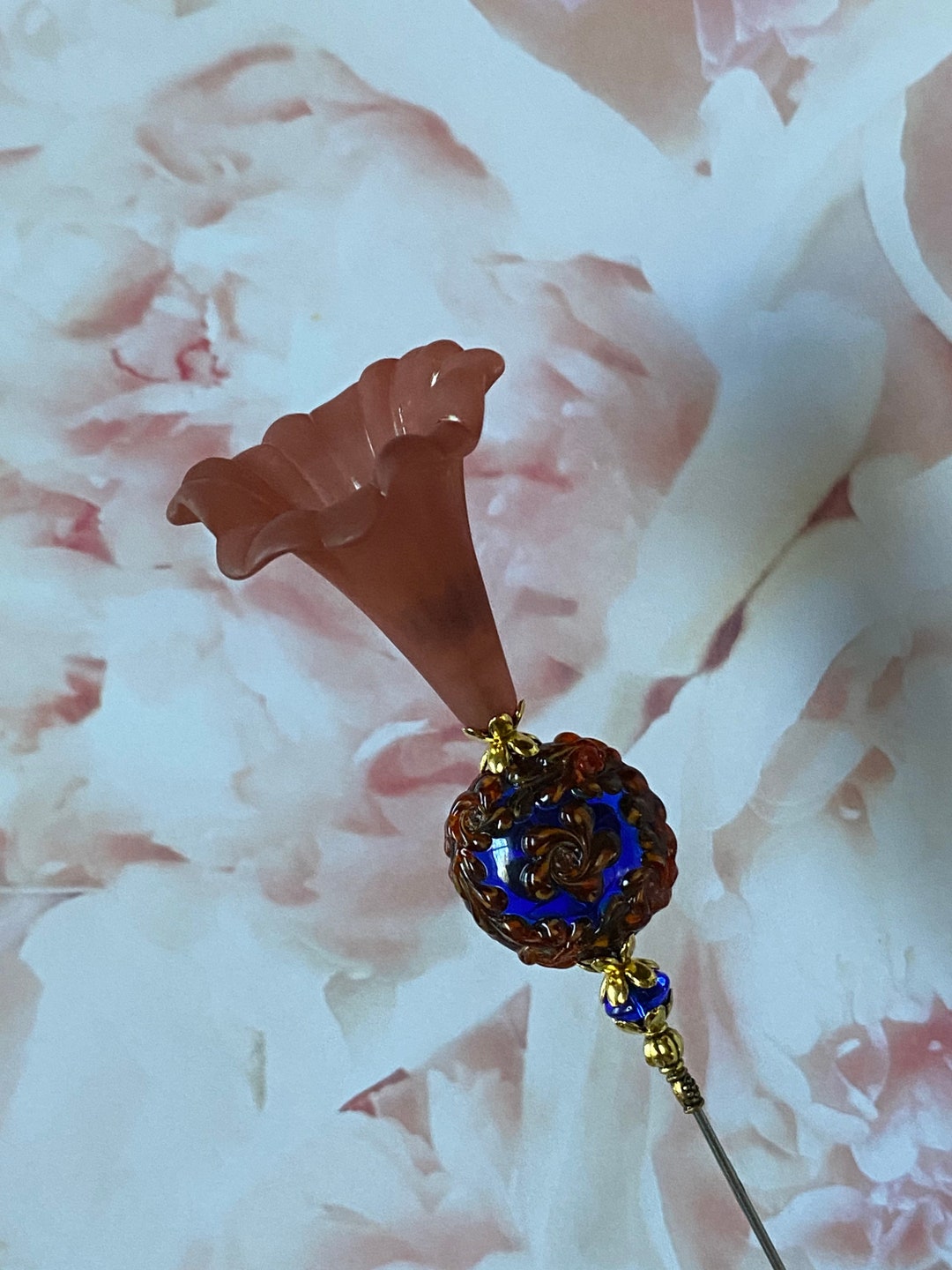 Hat Pin }{ Large Translucent Lily Flower Hatpin }{ Deep Rust Brown and ...