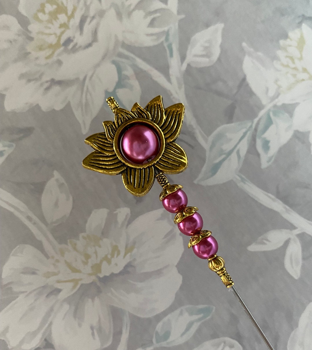 Lotus and Hot Pink Pearls Long Victorian Hat Pin }{ Choose Your Length ...