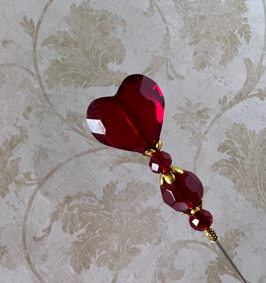 Sparkling Heart Hatpin }{gorgeous Red Glass }{ Choose Your Length 4” to ...