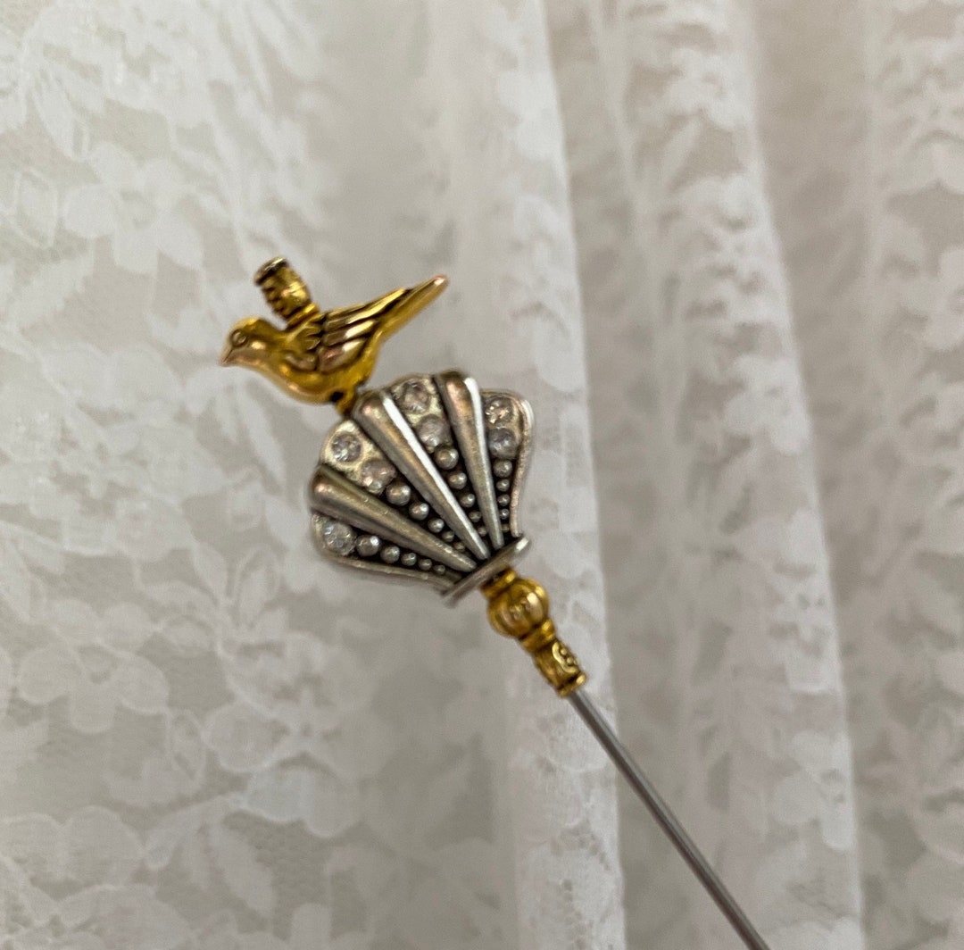 Stick Lapel Pin }{ Silver Fan With Clear Stones }{ 3.5” Sturdy Stick to ...