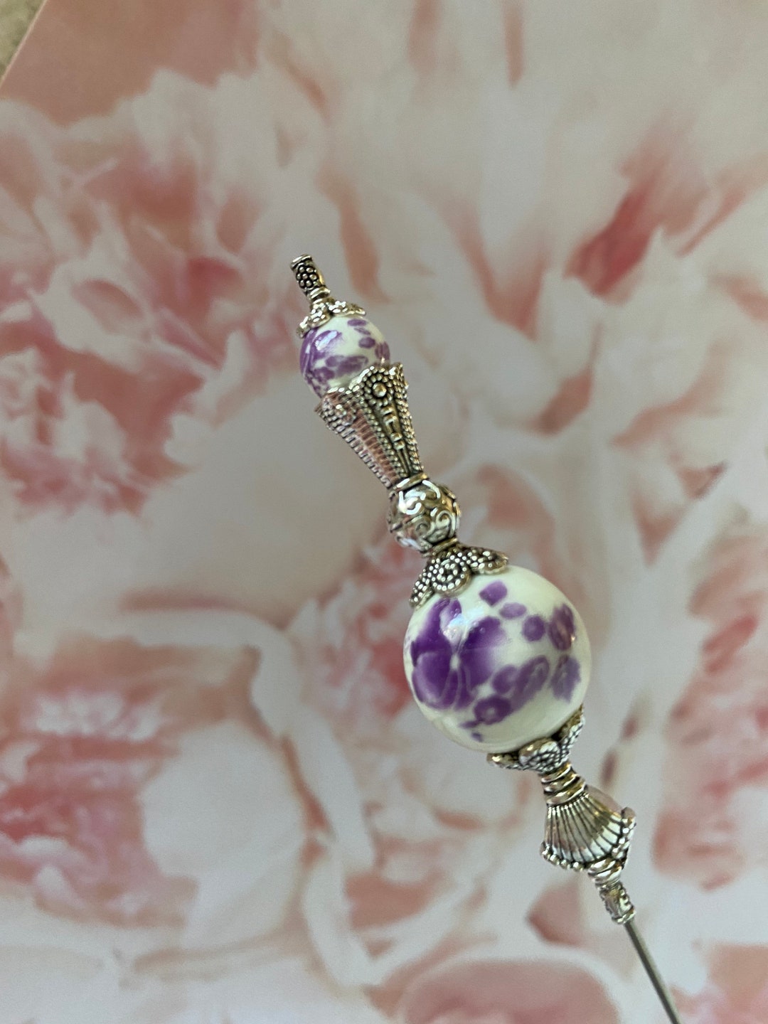 Lavender Flower Hat Pin }{ Purple Porcelain }{ Sturdy Steel Stick and ...