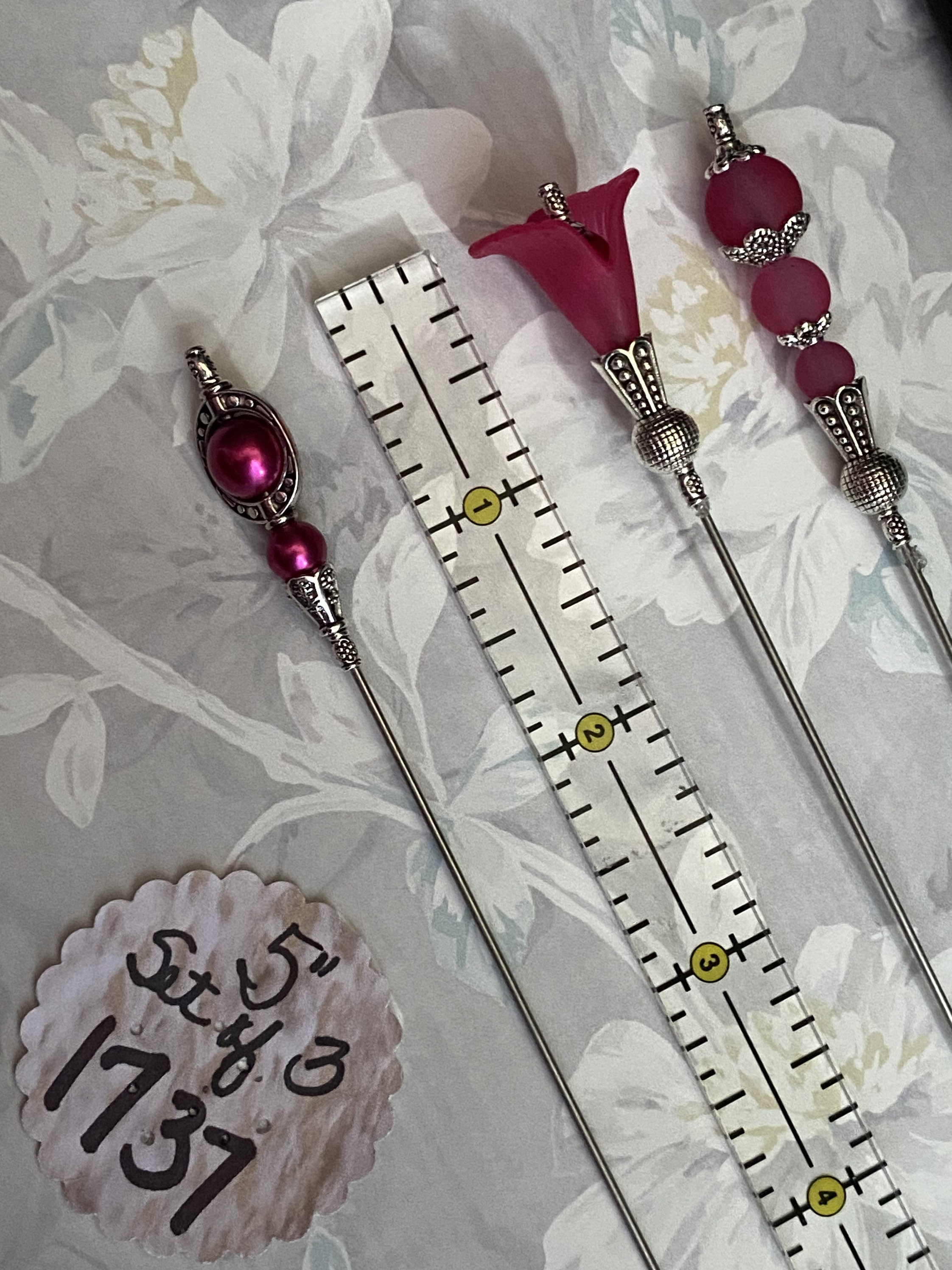 Set of 3 Victorian Hat Pins }{ Delicate Deep Pink Beauties }{ 5” Sturdy ...