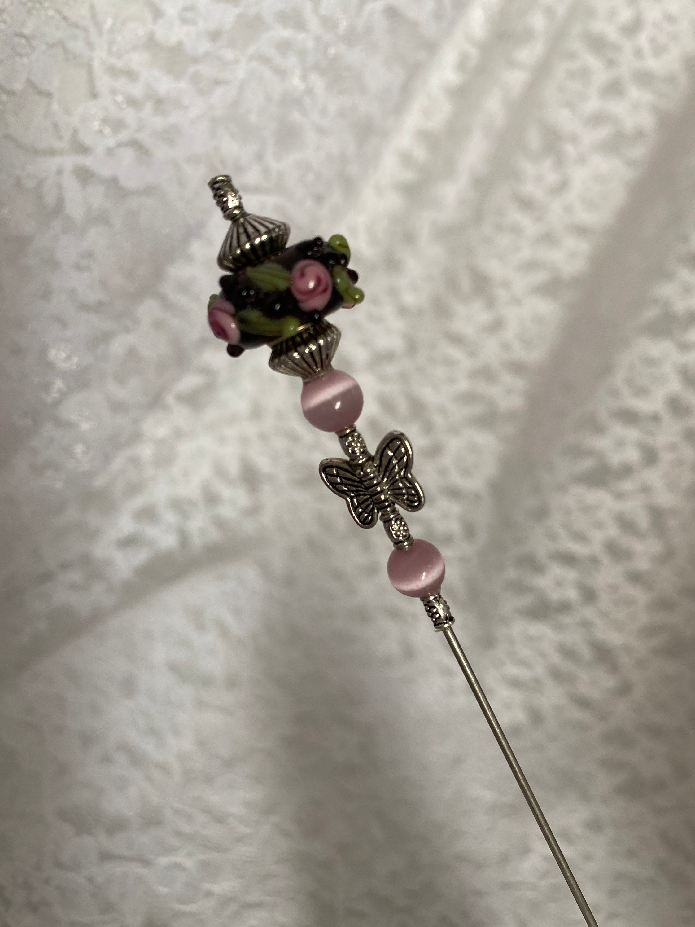 Victorian Hat Pin }{ Butterfly Flowers Pink Cat’s-eye Beads }{ 6 ...