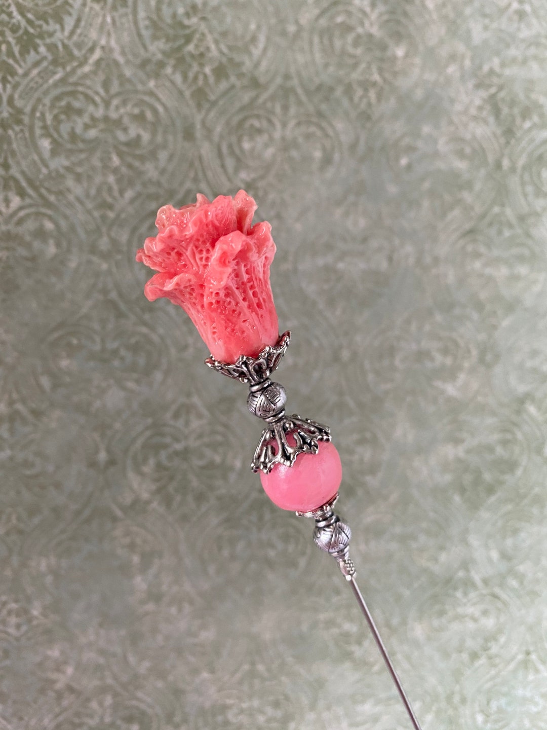 Victorian Coral Color Flower Hat Pin }{ 10” Long or Shorter Sturdy ...
