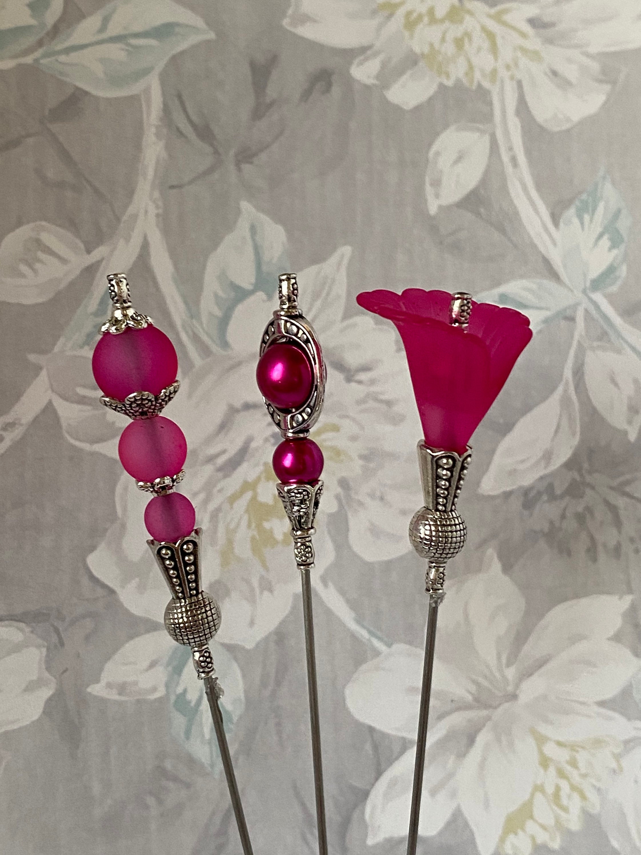 Set of 3 Victorian Hat Pins }{ Delicate Deep Pink Beauties }{ 5” Sturdy ...