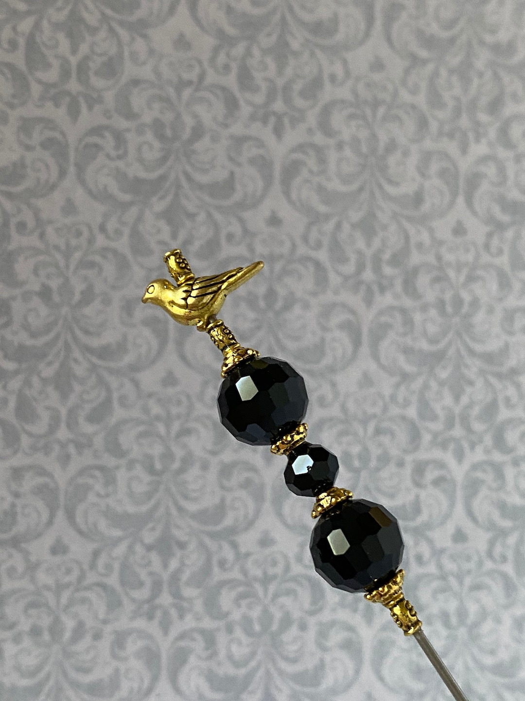 Mourning Hatpin }{ Black Crystal Glass }{ 8” Long With Cap }{ Hat Pin ...