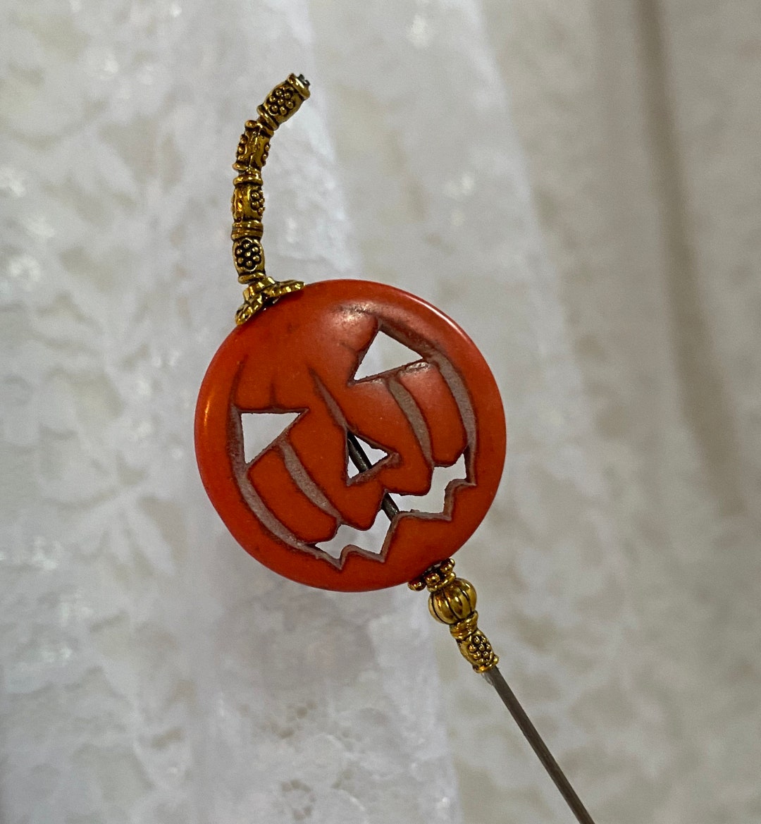 Jack-o-lantern HAT PIN }{ Halloween Hatpin }{ 8” Long Sturdy Stick Pin ...