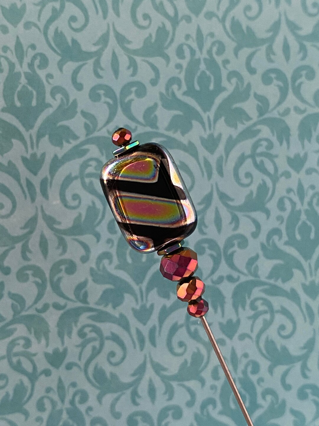 HATPIN }{ Carnival Glass Victorian Hat Pin }{ 7” Long }{ Sturdy Stick ...