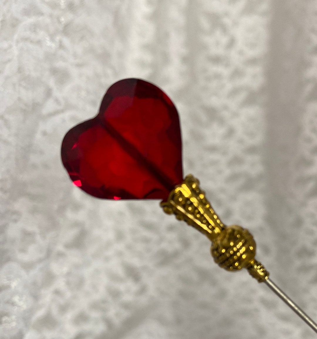 Sparkling Ruby Red Crystal Heart Hat Pin }{ 6” Sturdy Steel Stick With ...