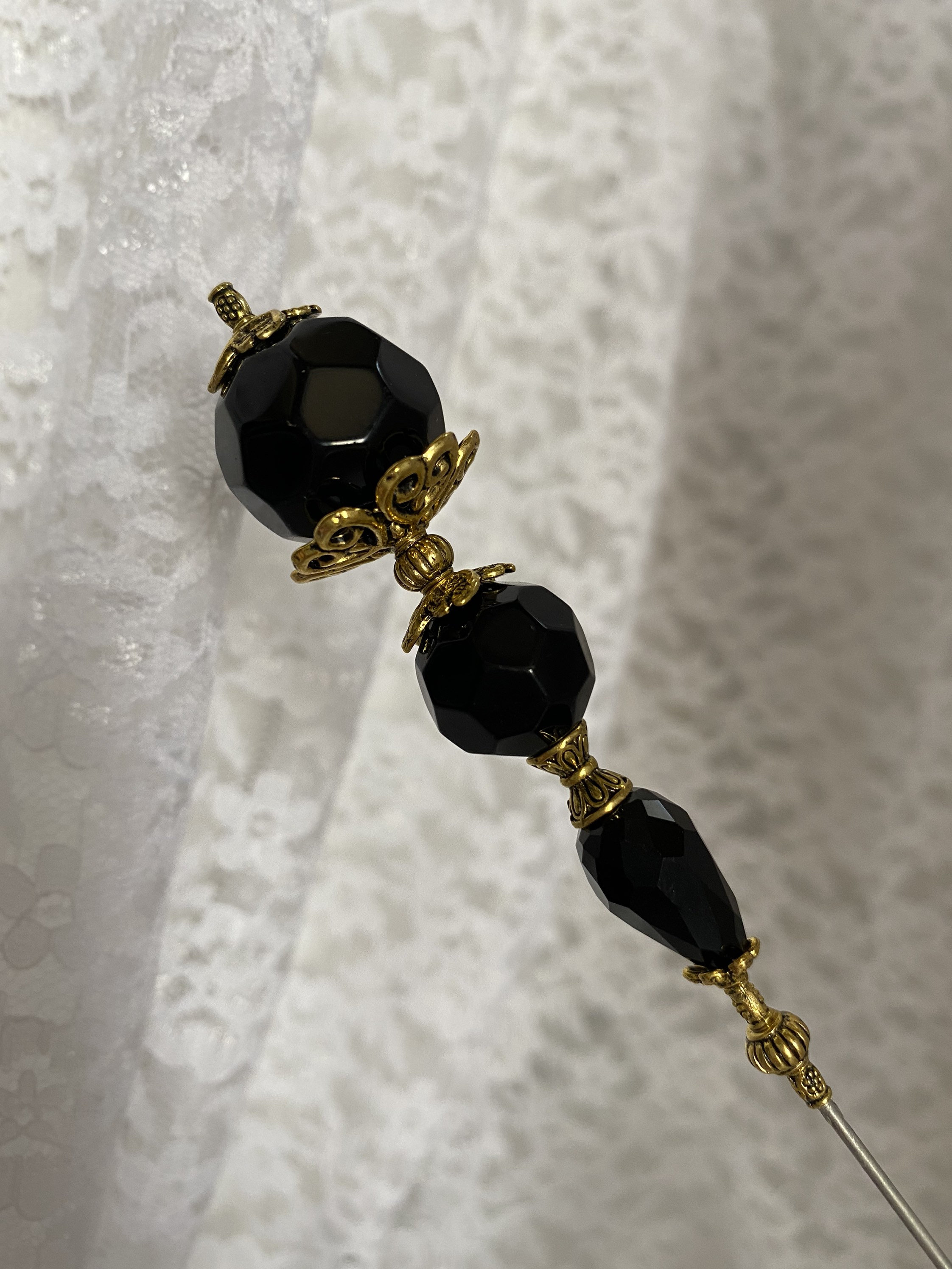 Mourning Hat Pin }{ Huge Heavy Black Crystal Glass }{ 10” or Shorter ...