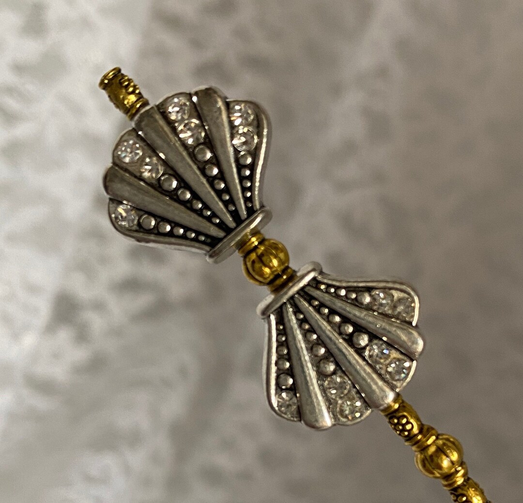 HATPIN }{ Victorian Stick Pin 6” Long }{ Gold & Silver With Crystal ...