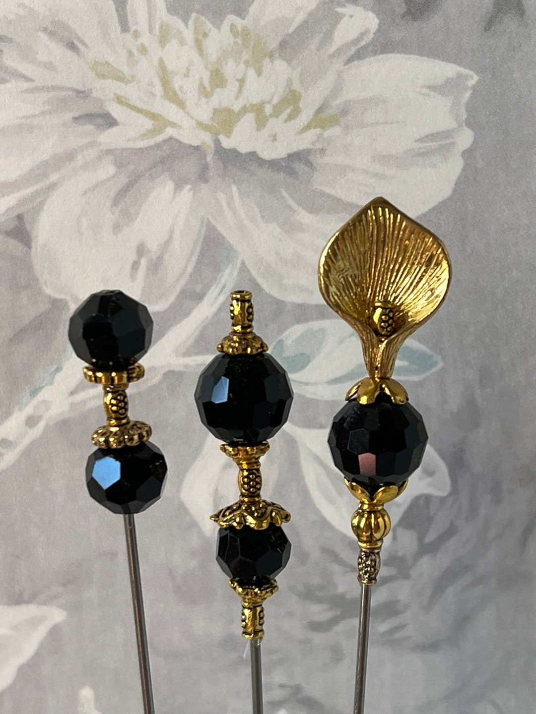HATPINS }{ 3 Mourning Black Glass & Gold Calla Lily Hat Pin }{ 5 ...