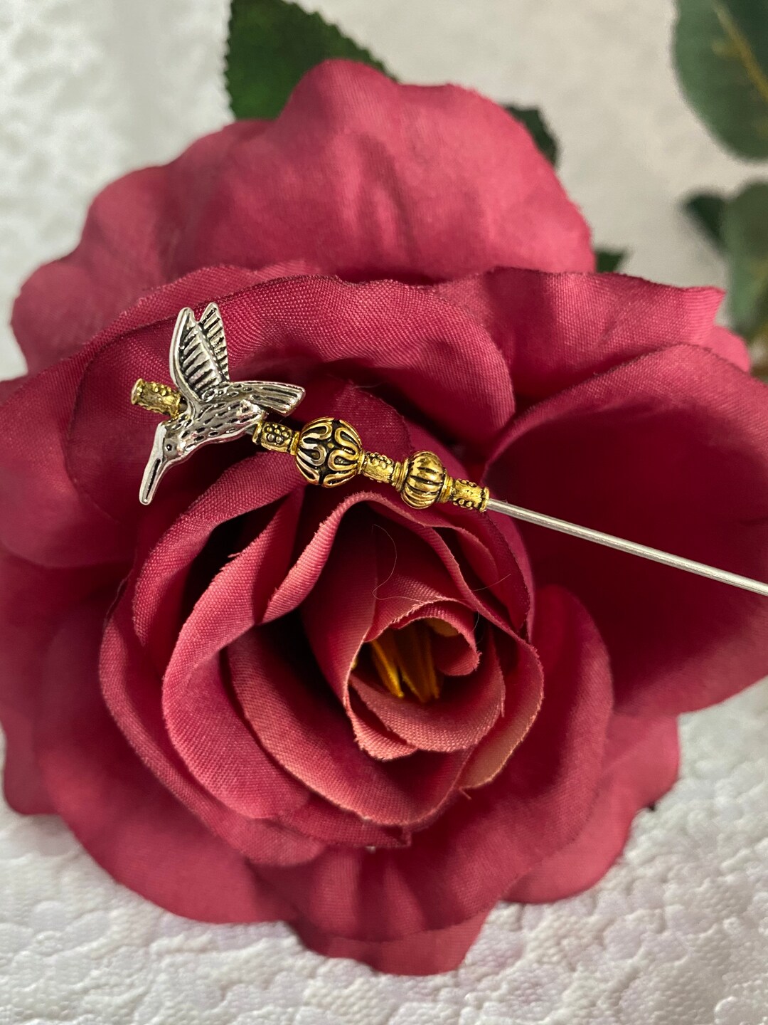 Hummingbird Hat Pin }{ Silver & Gold }{ 6” Long Sturdy Steel Stick With ...