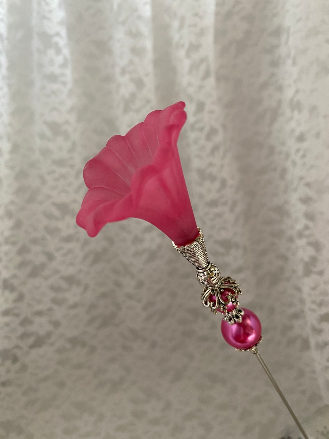 Hat Pin }{ Hot Pink Translucent Lily Flower }{ 9” Long Sturdy Steel ...