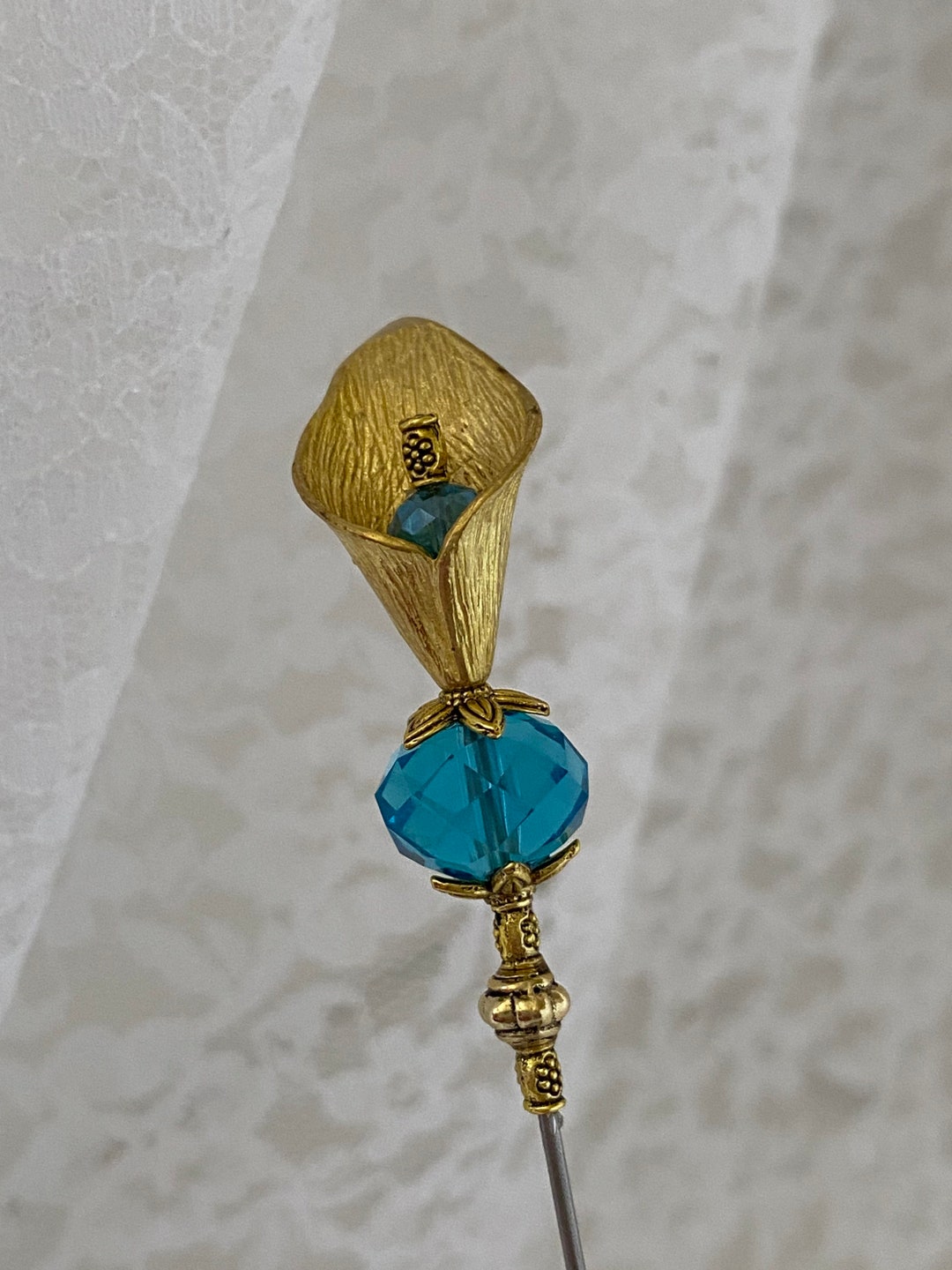 Hatpin Gold Calla Lily And Aqua Blue Sparkling Crystal Glass Hat Pin 6 5