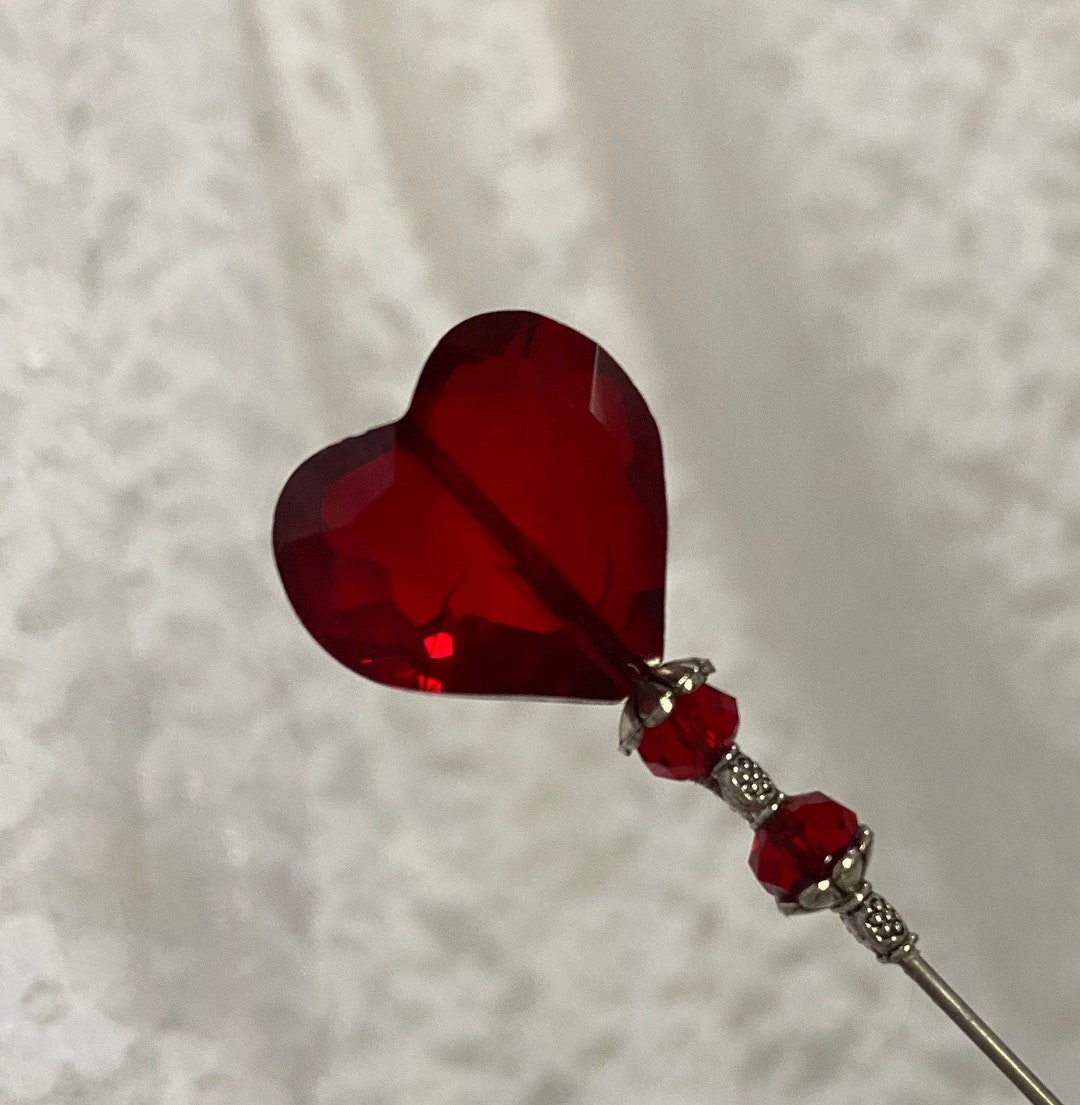 Sparkling Ruby Red Crystal Heart Hat Pin }{ 6” Sturdy Steel Stick With ...